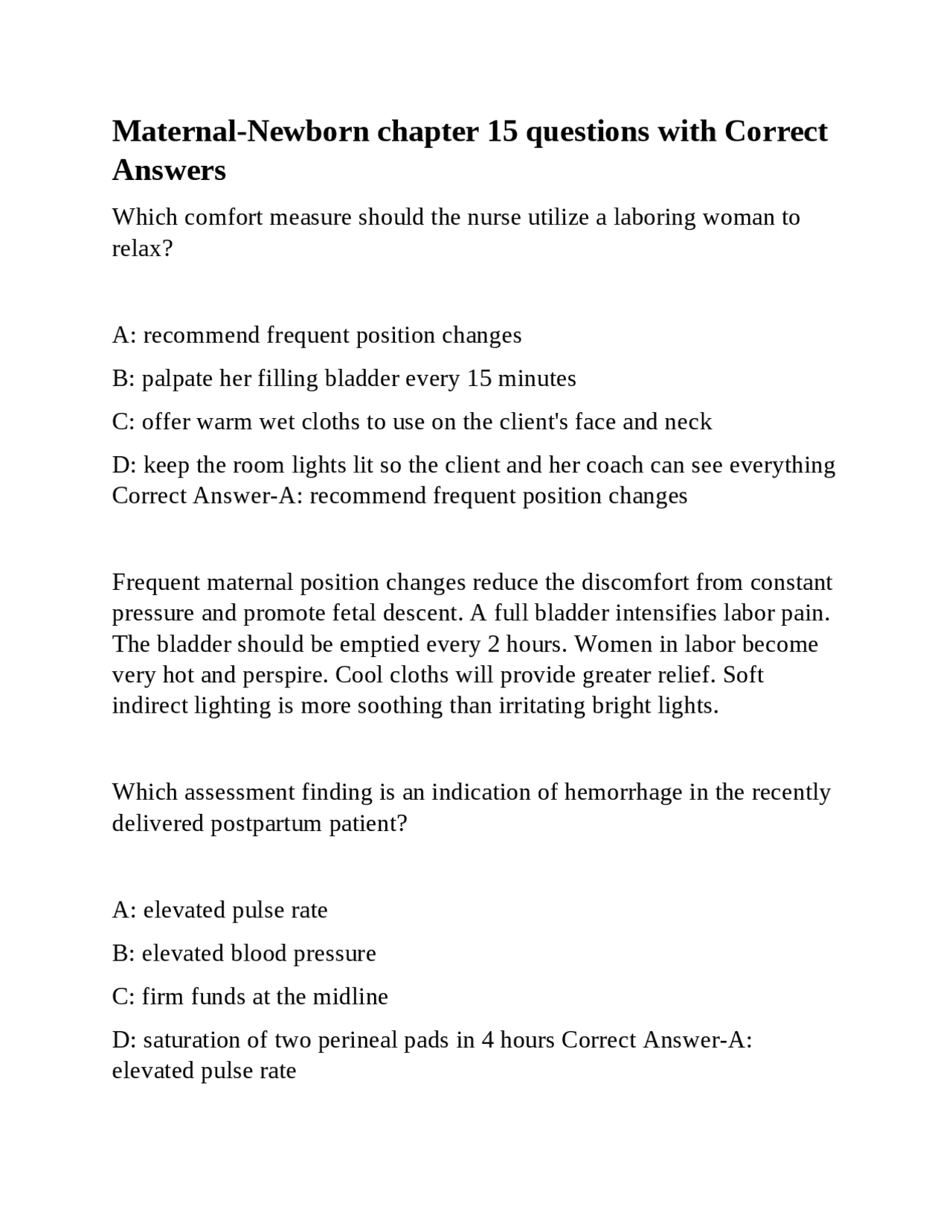 Maternal-Newborn chapter 15 questions with Correct Answers | Exams ...