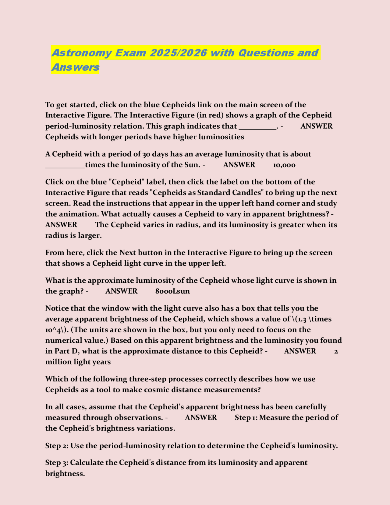 Astronomy Exam 2025/2026 with Questions and Answers | Exams Astronomy | Docsity