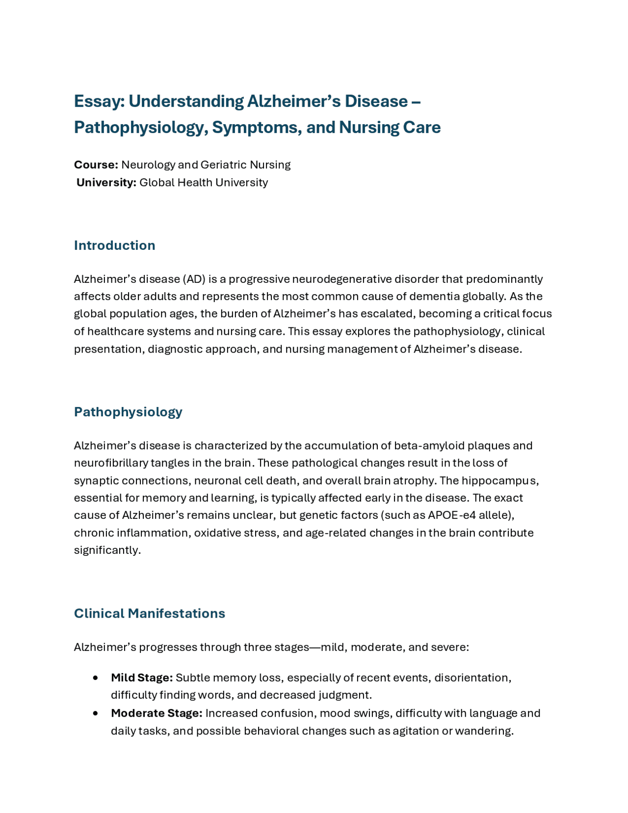 Essay: Understanding Alzheimer’s Disease – Pathophysiology, Symptoms ...