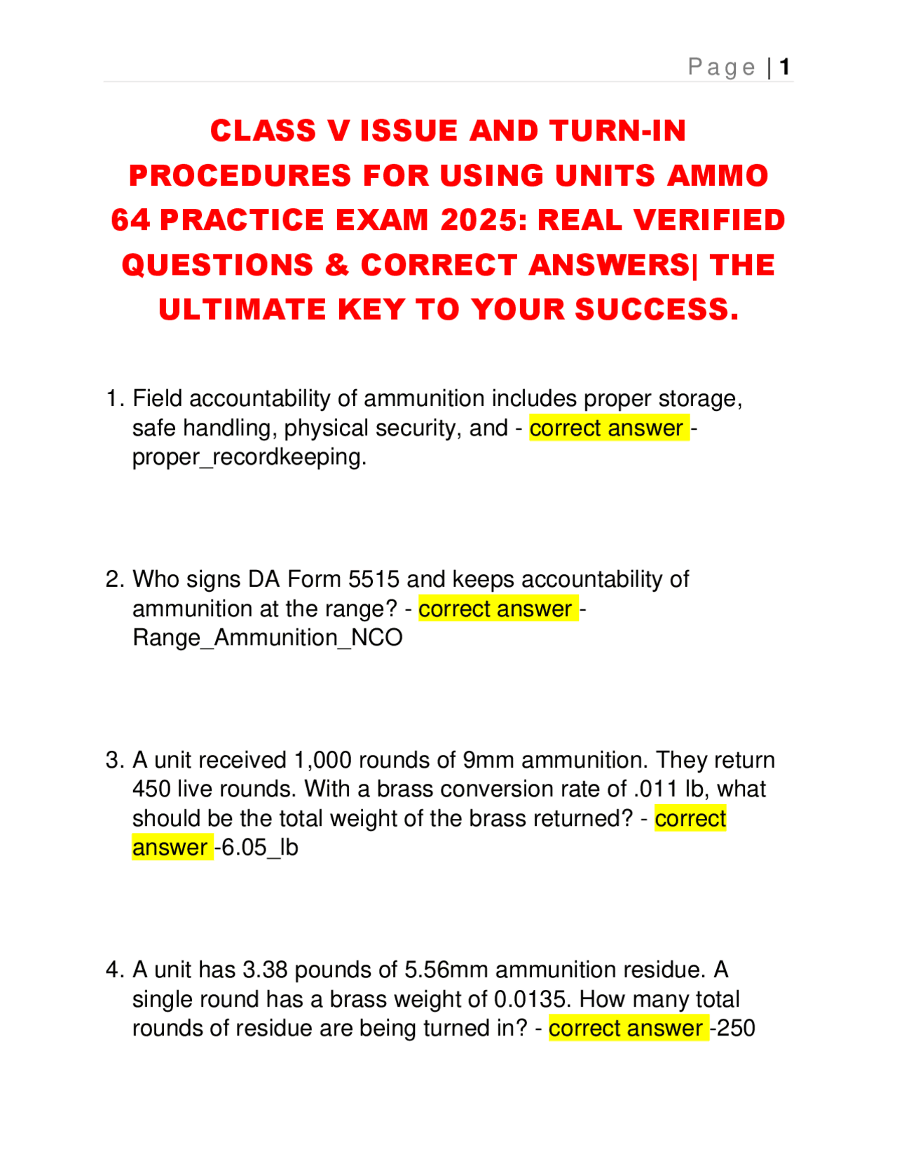 CLASS V ISSUE AND TURN-IN PROCEDURES FOR USING UNITS AMMO 64 PRACTICE EXAM 2025. | Exams ...