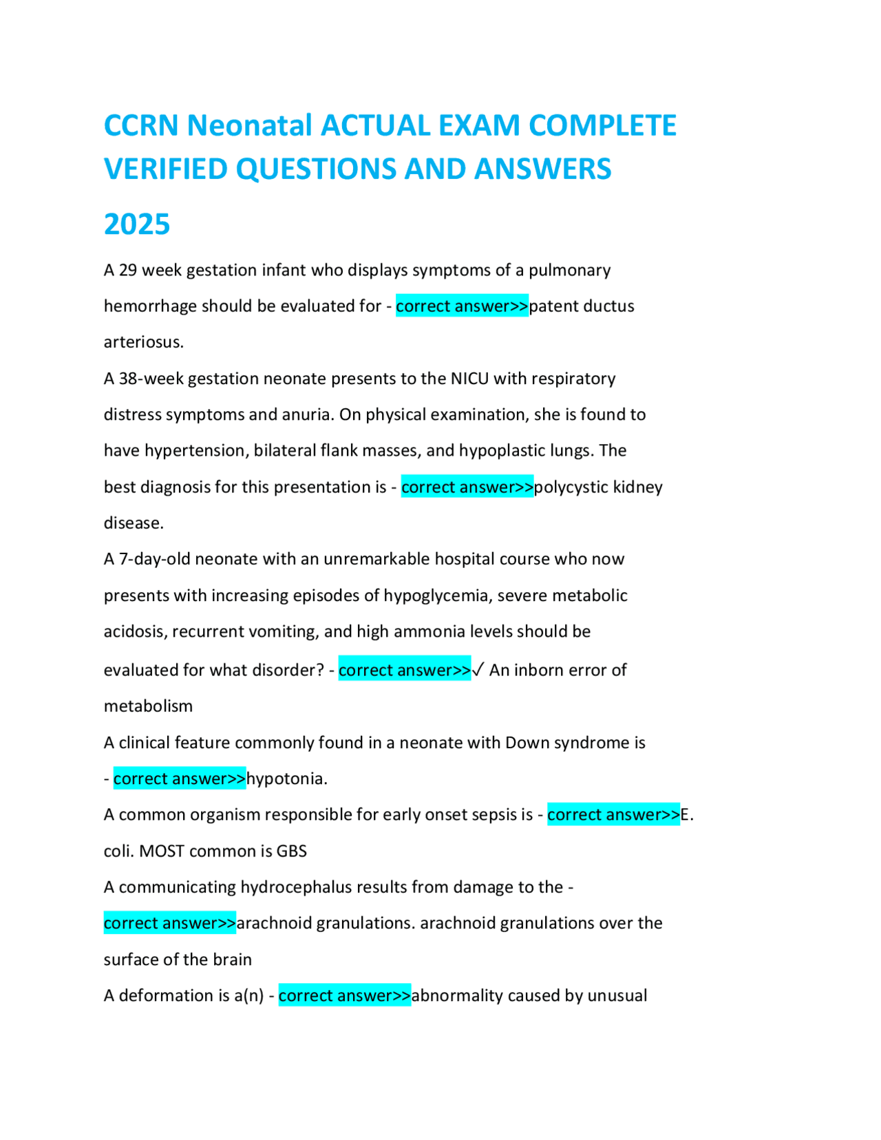 CCRN Neonatal ACTUAL EXAM COMPLETE VERIFIED QUESTIONS AND ANSWERS 2025 ...