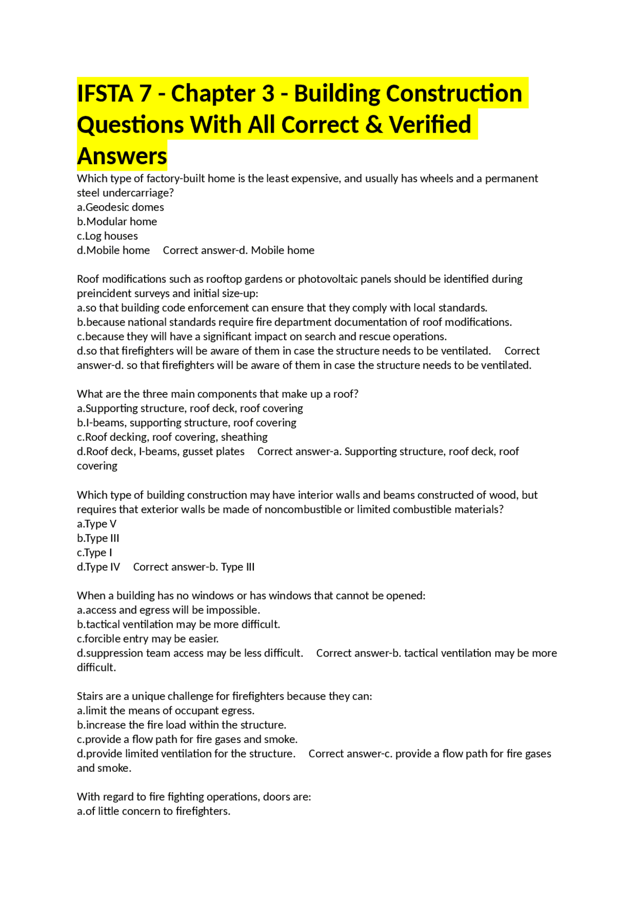 IFSTA 7 - Chapter 3 - Building Construction Questions With All Correct ...
