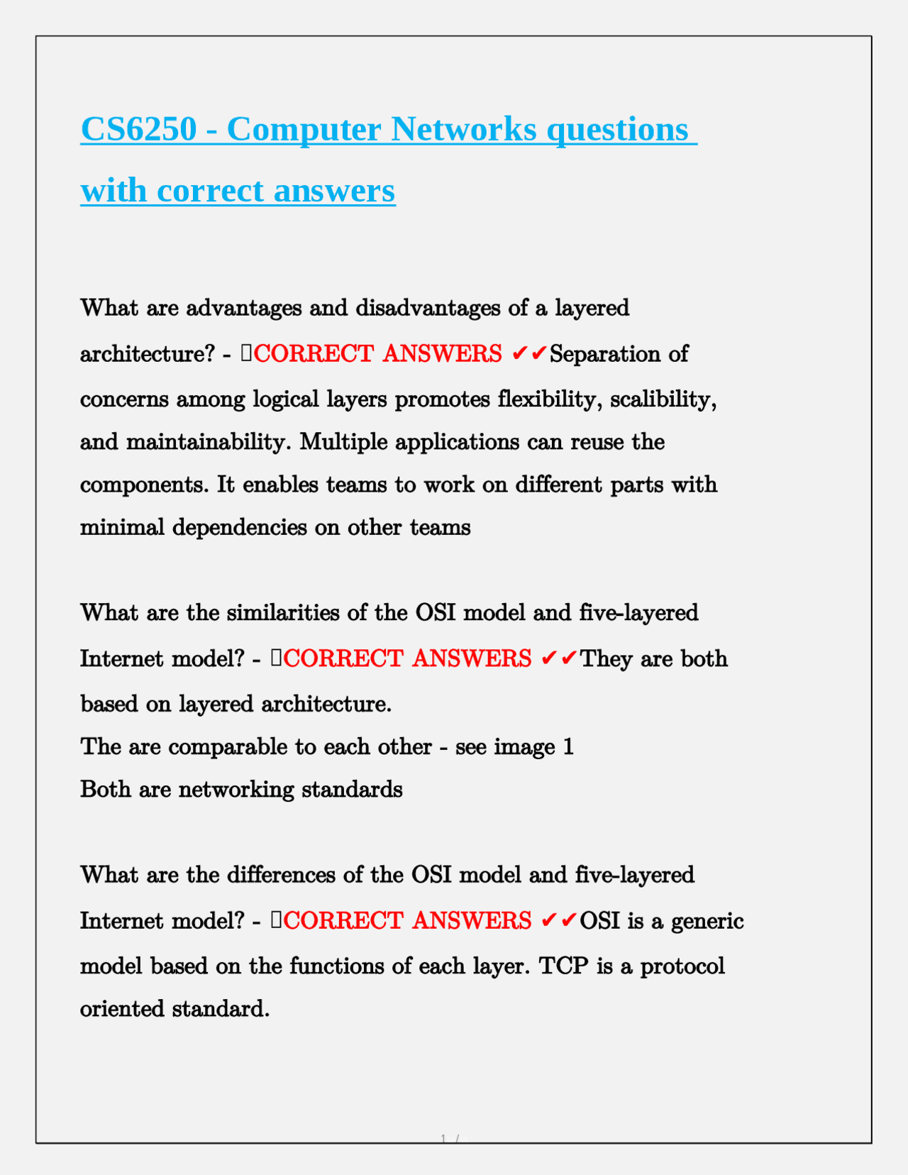 CS6250 - Computer Networks questions with correct answers | Exams Computer Networks | Docsity