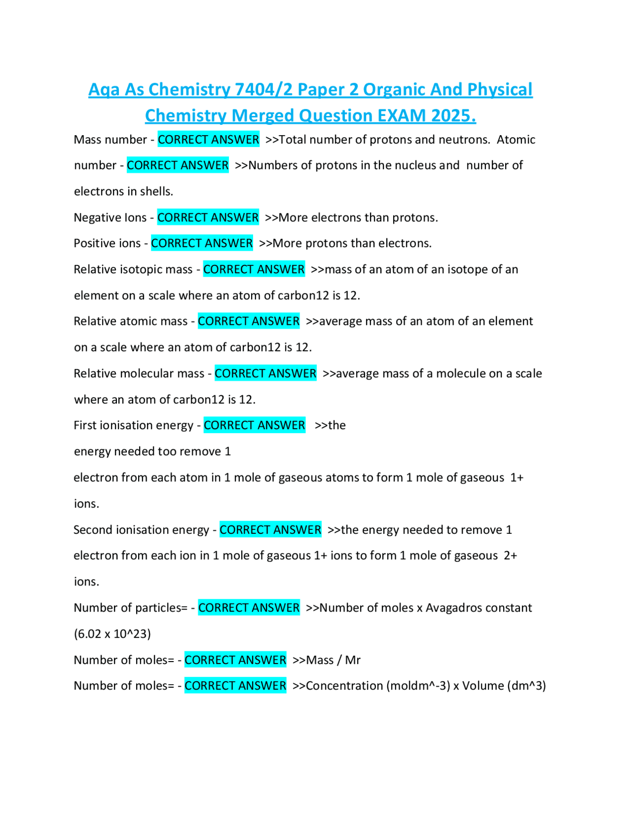 Aqa As Chemistry 7404-2 Paper 2 Organic And Physical Chemistry Merged Question EXAM 2025 | Exams ...