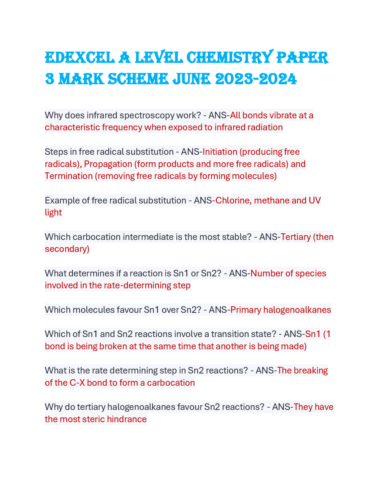Edexcel A Level Chemistry Paper 3 Mark Scheme June 2023-2024 | Exams ...