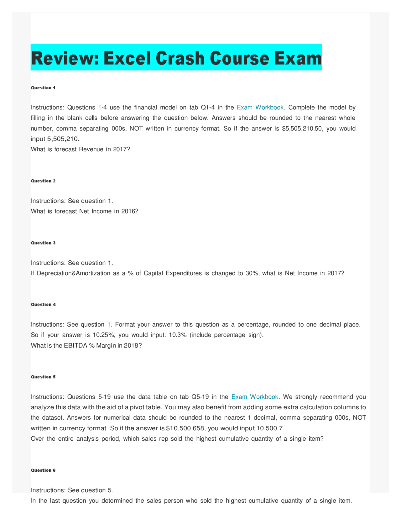Excel Crash Course Exam: Data Analysis and Financial Modeling Exercises | Exams MS Microsoft ...