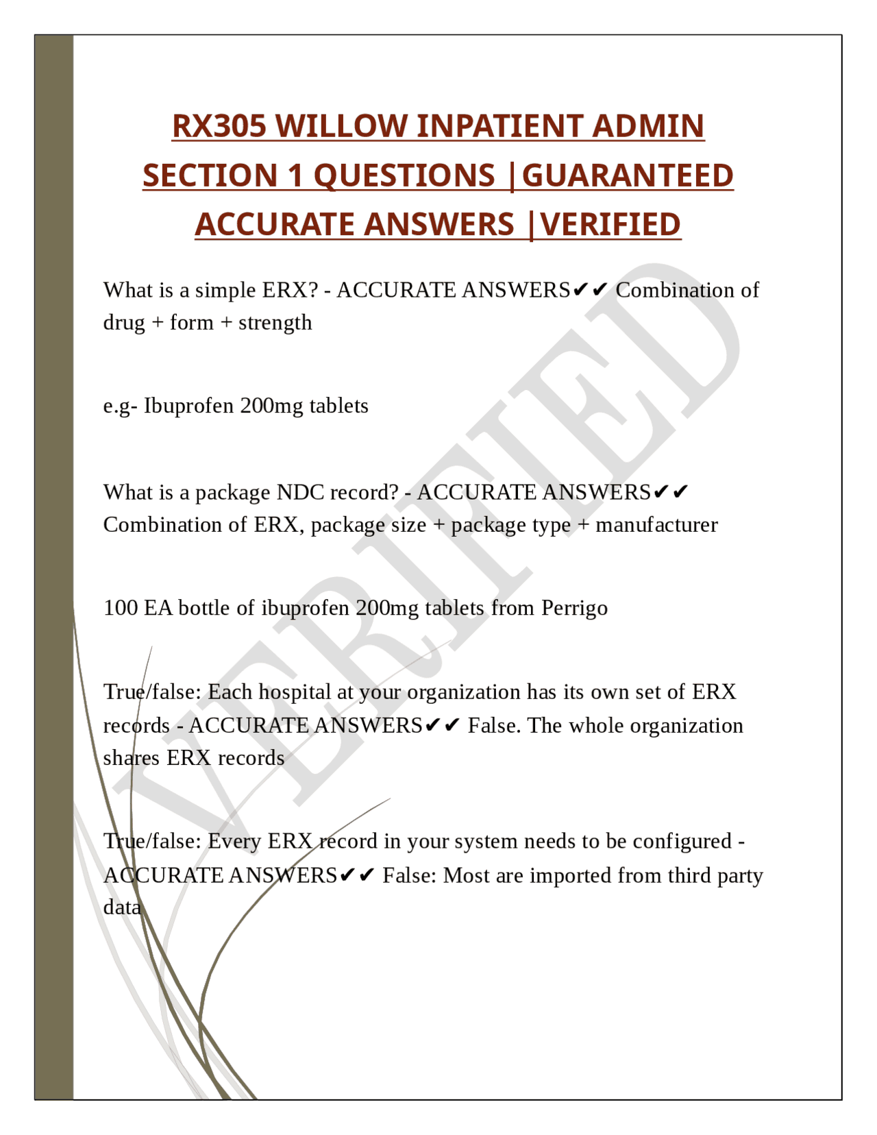 RX305 WILLOW INPATIENT ADMIN SECTION 1 QUESTIONS |GUARANTEED ACCURATE ANSWERS |VERIFIED | Exams ...