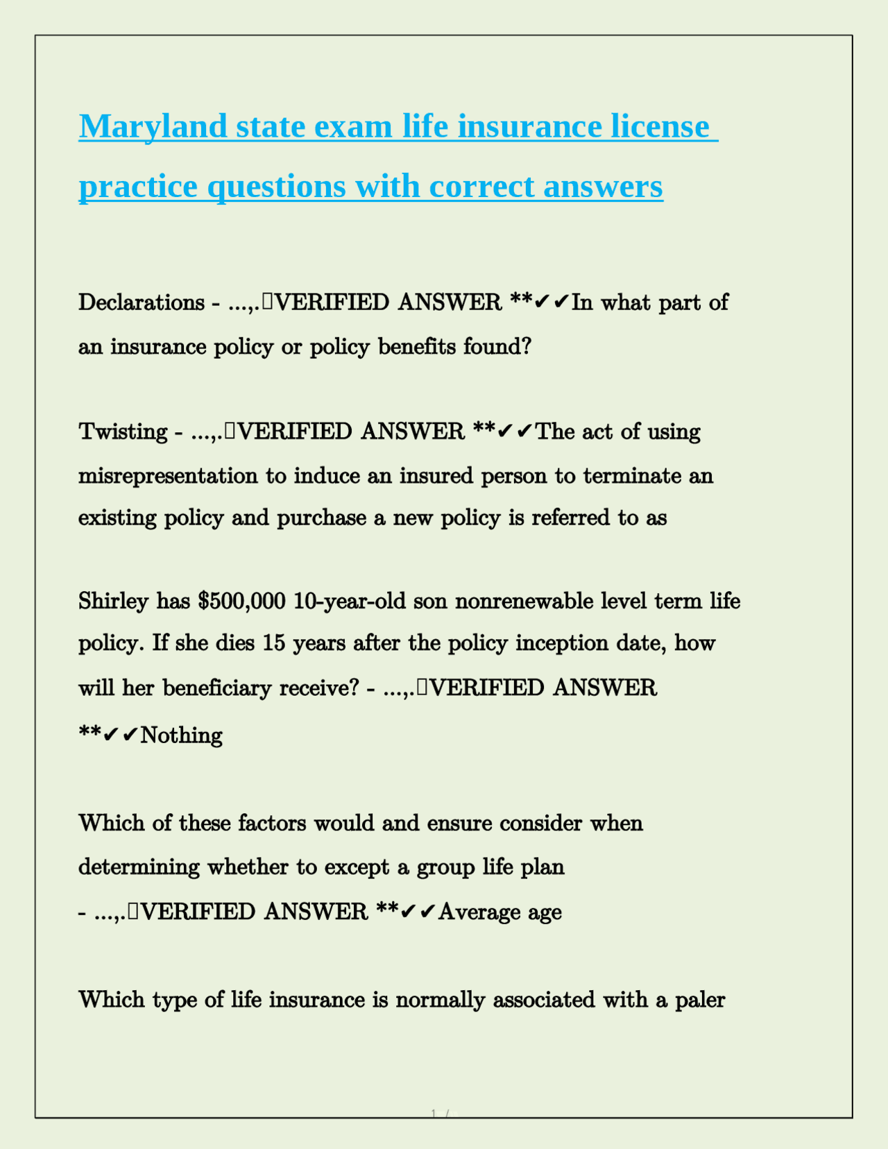 Maryland state exam life insurance license practice questions with ...