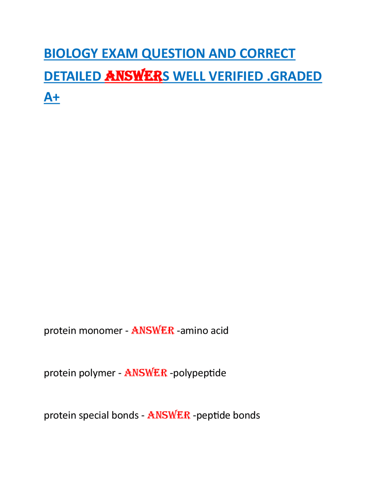 BIOLOGY EXAM QUESTION AND CORRECT DETAILED ANSWERS WELL VERIFIED ...