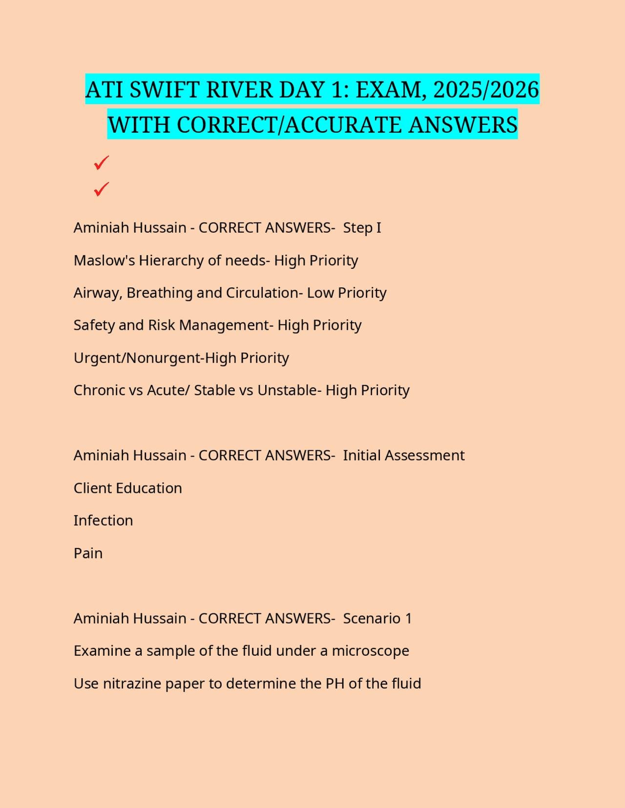 ATI SWIFT RIVER DAY 1: EXAM, 2025/2026 WITH CORRECT/ACCURATE ANSWERS ...
