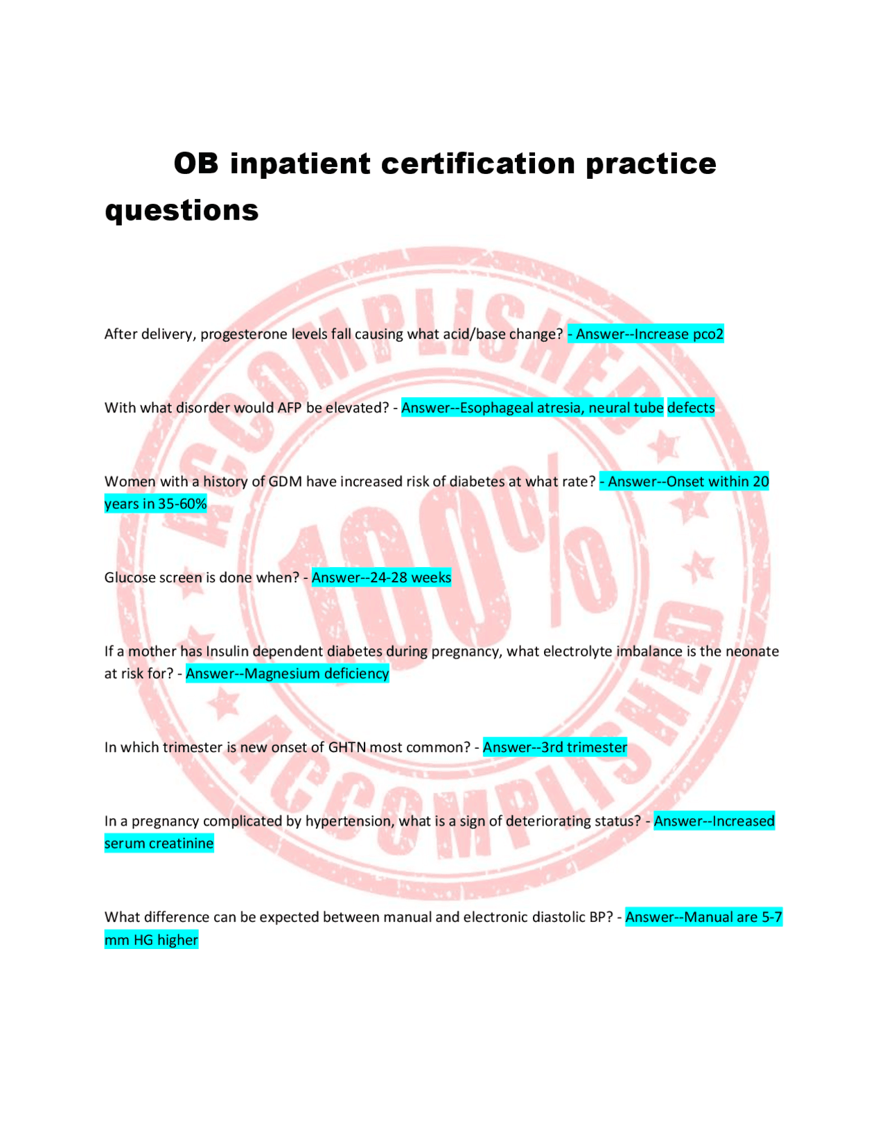 OB inpatient certification practice questions | Exams Nursing | Docsity