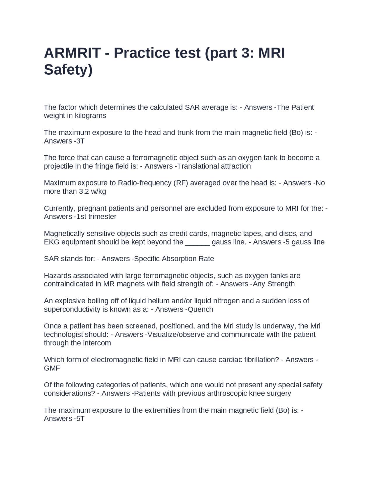 ARMRIT - Practice test (part 3 MRI Safety) Exam Questions and Correct ...