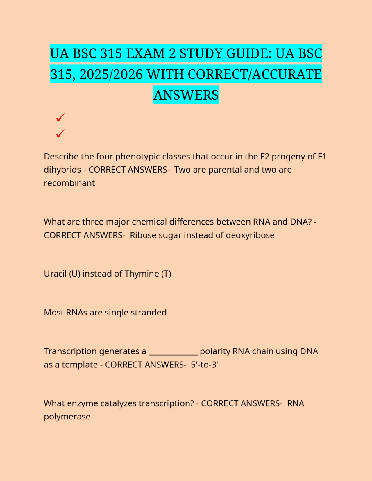 UA BSC 315 EXAM 2 STUDY GUIDE: UA BSC 315, 2025/2026 WITH CORRECT ...