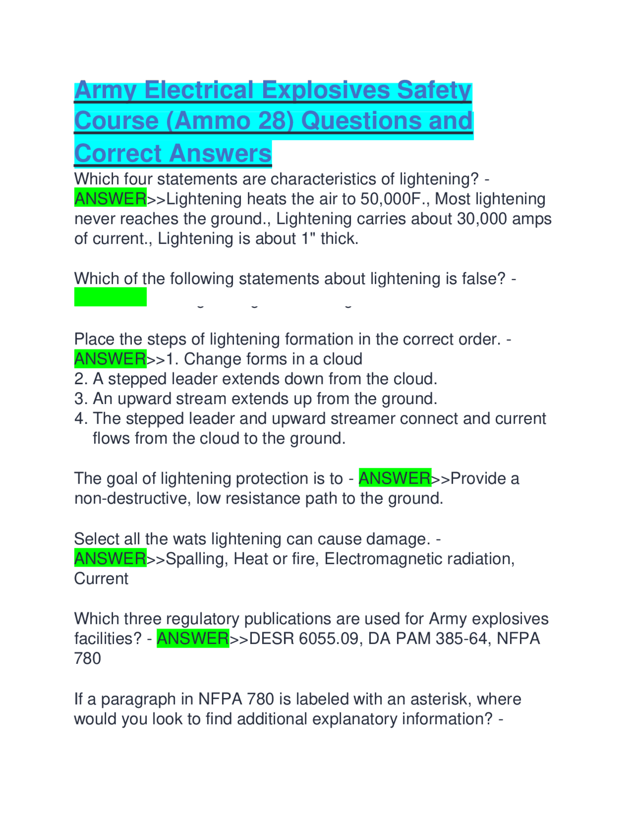 Army Electrical Explosives Safety Course (Ammo 28) Questions and ...
