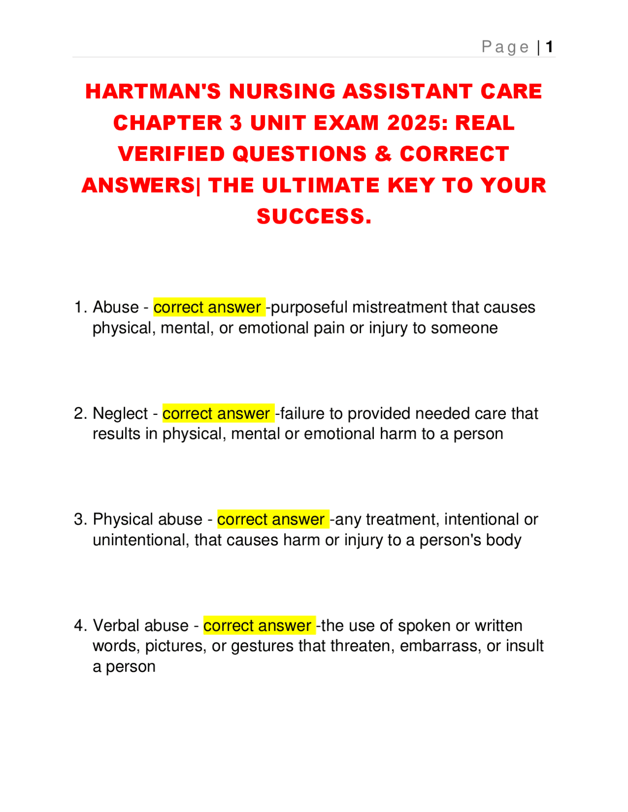 HARTMAN'S NURSING ASSISTANT CARE CHAPTER 3 UNIT EXAM 2025. | Exams ...
