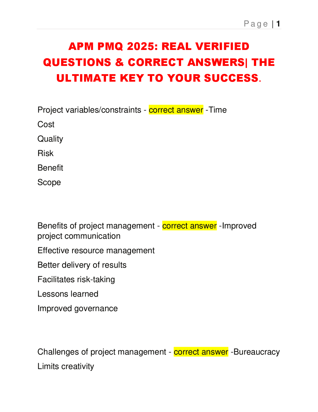 APM PMQ 2025: REAL VERIFIED QUESTIONS & CORRECT ANSWERS. | Exams ...