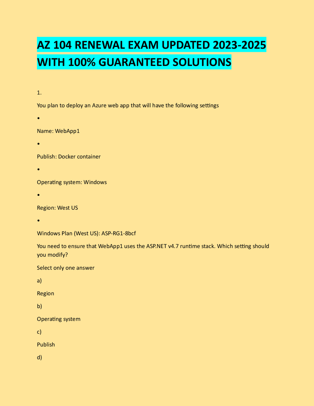 AZ 104 RENEWAL EXAM UPDATED 2023-2025 WITH 100% GUARANTEED SOLUTIONS ...