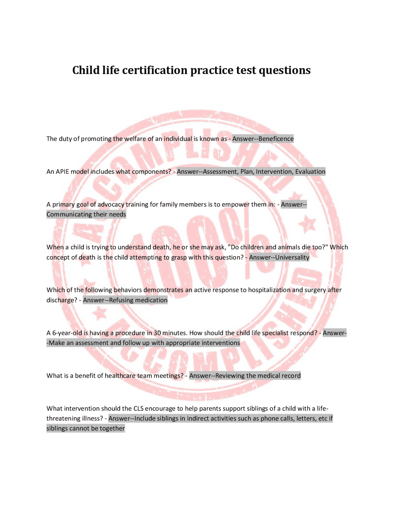 Child life certification practice test questions | Exams Nursing | Docsity