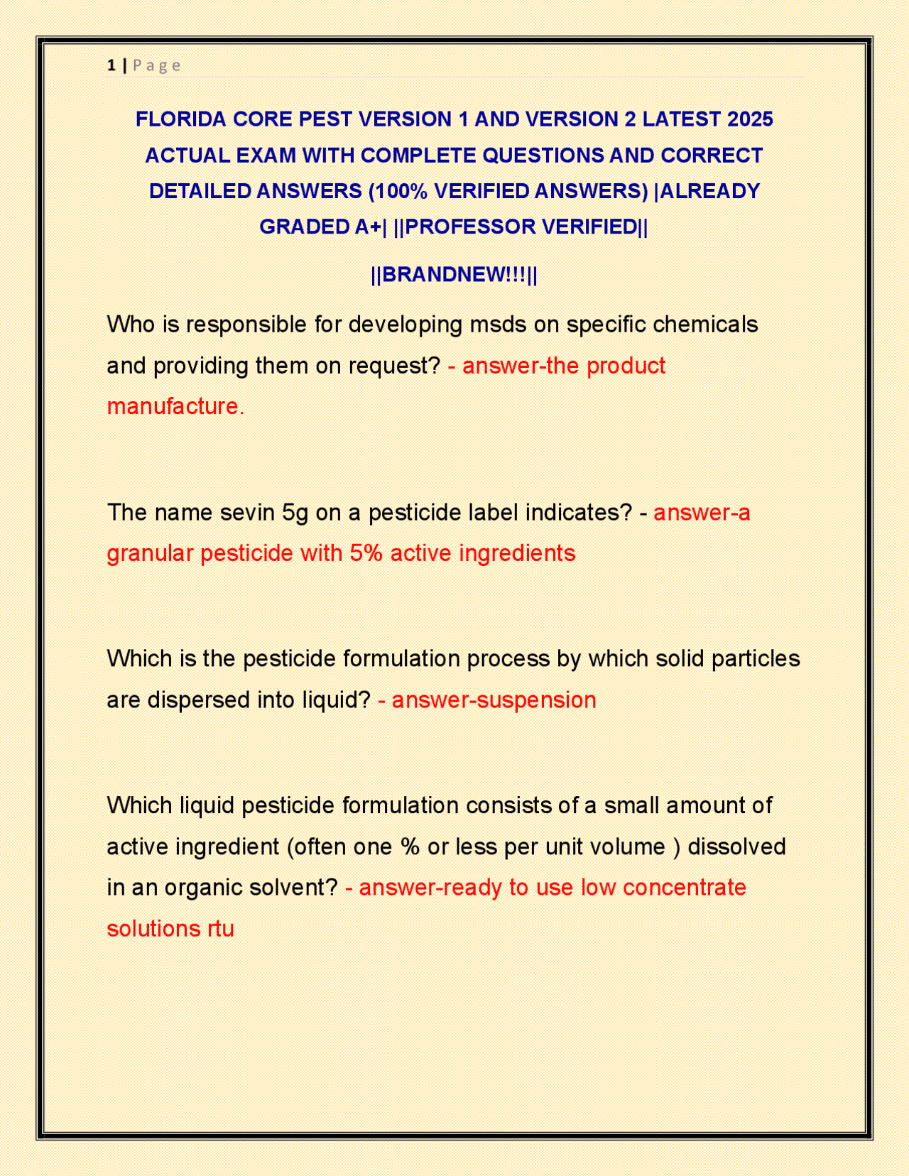 FLORIDA CORE PEST VERSION 1 AND VERSION 2 LATEST 2025 ACTUAL EXAM WITH ...