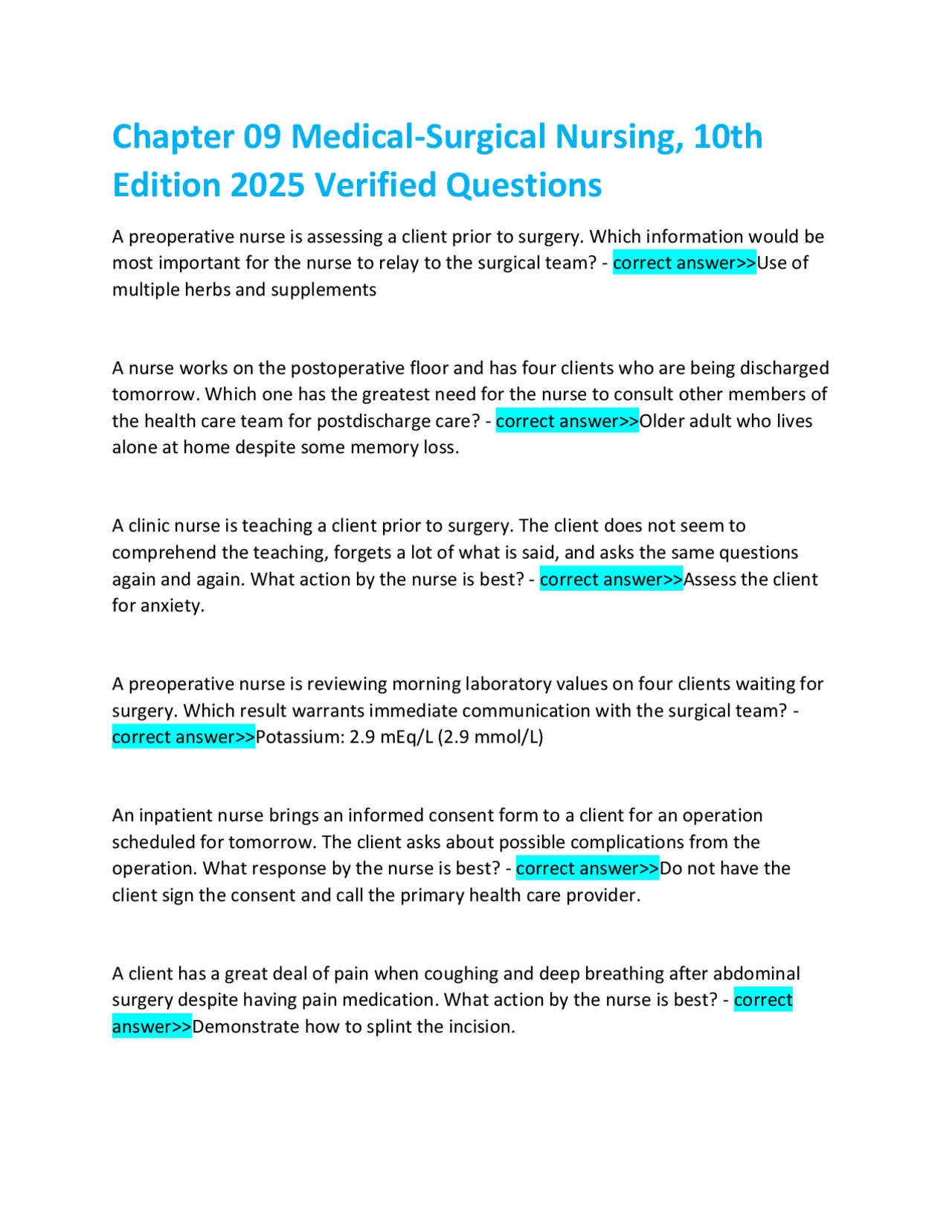 Medical-Surgical Nursing: Perioperative Care Questions | Exams Nursing ...