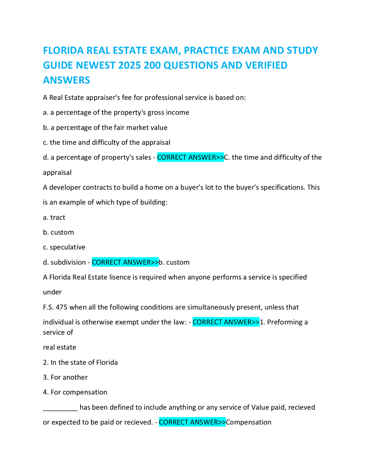 FLORIDA REAL ESTATE EXAM, PRACTICE EXAM AND STUDY GUIDE NEWEST 2025 200 ...