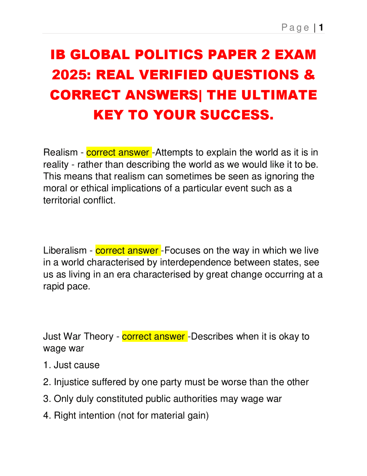 IB GLOBAL POLITICS PAPER 2 EXAM 2025: REAL VERIFIED QUESTIONS & CORRECT ...