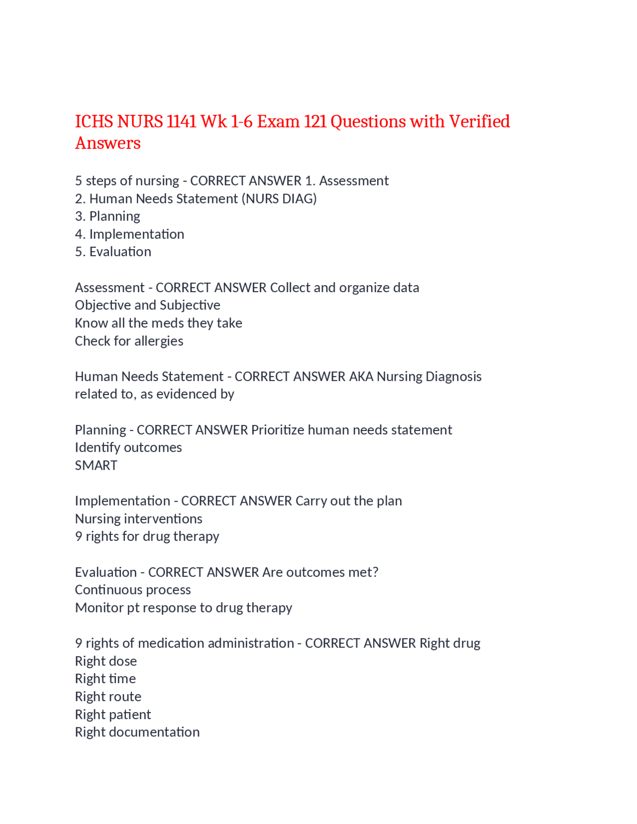 ICHS NURS 1141 Wk 1-6 Exam 121 Questions with Verified Answers,100% ...
