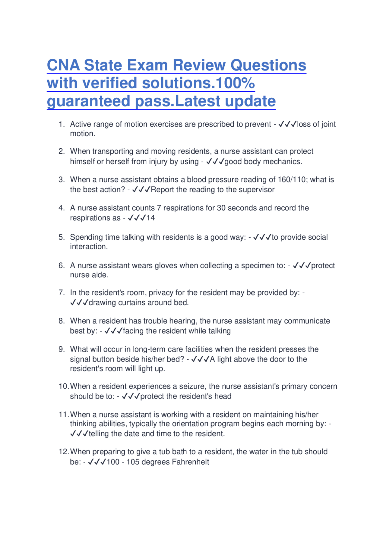 CNA STATE EXAM PRACTICE QUESTIONS AND ANSWERS.LATEST UPDATE 2025 ...