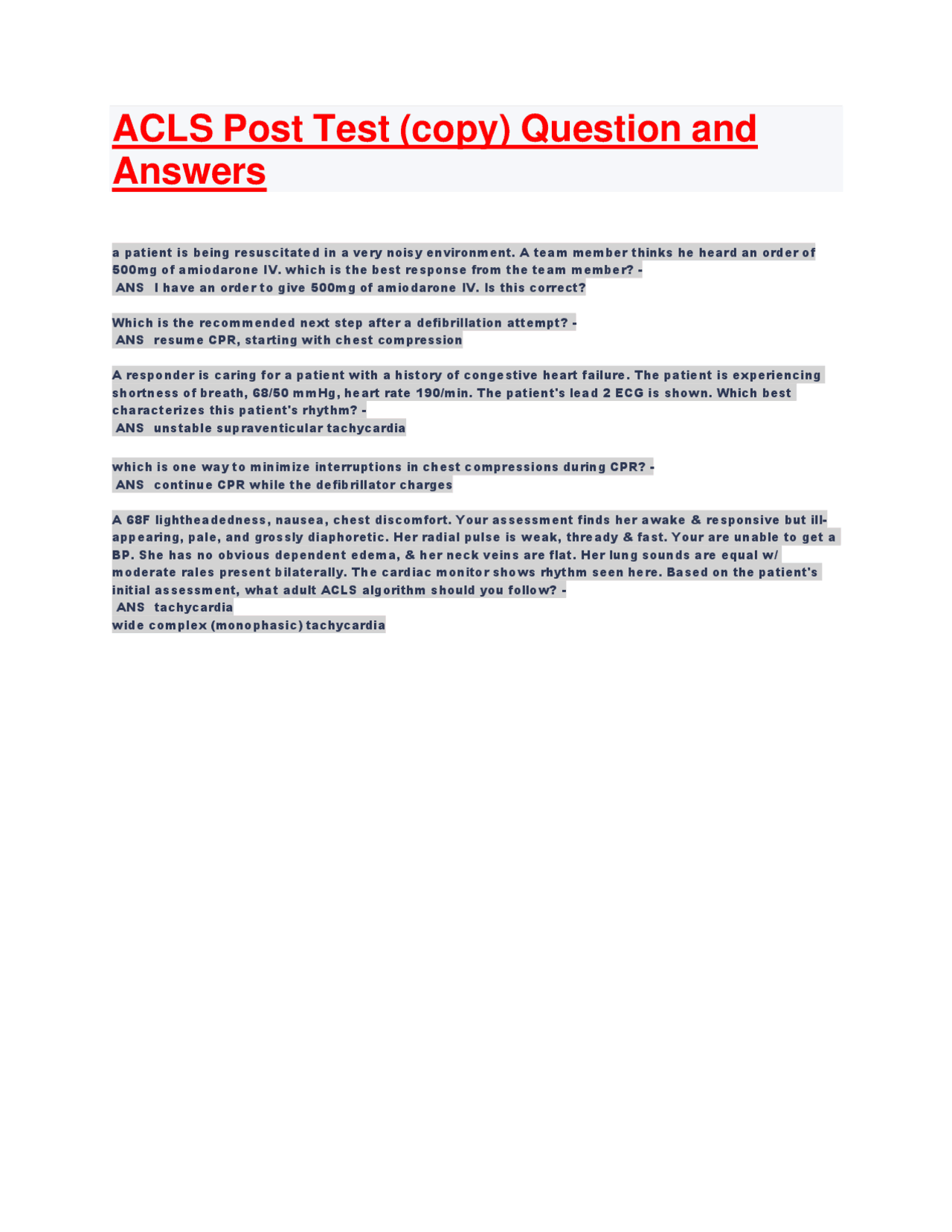 ACLS Post Test (copy) Question and Answers.pdf | Exams Nursing | Docsity