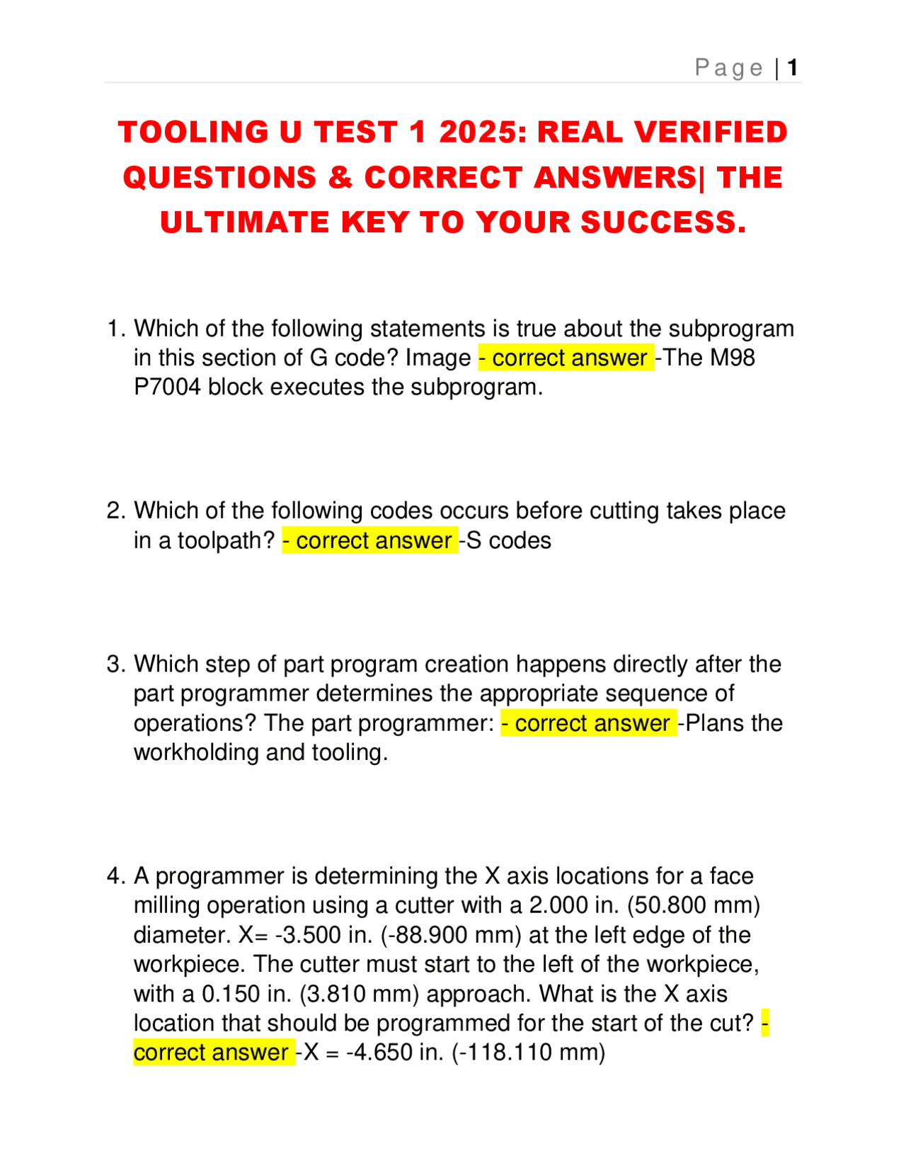 TOOLING U TEST 1 2025: REAL VERIFIED QUESTIONS & CORRECT ANSWERS ...