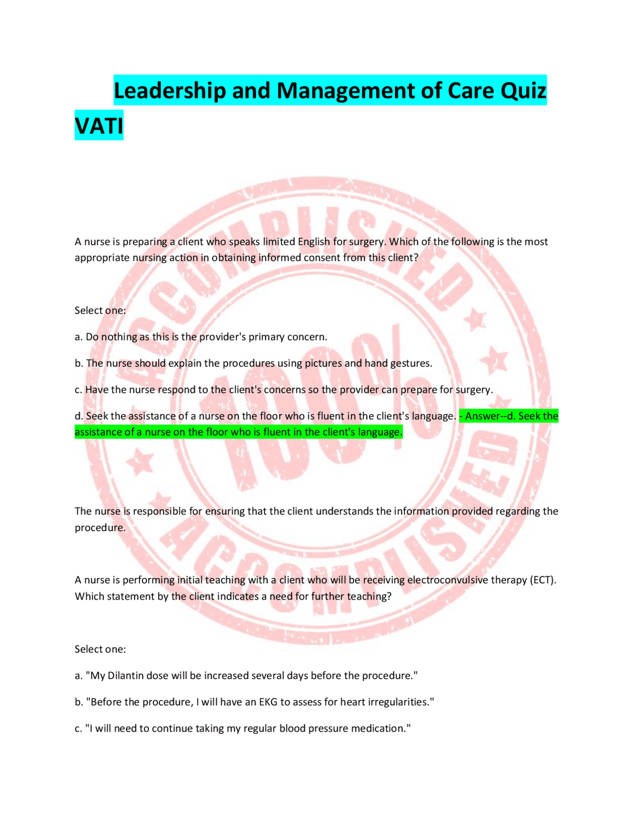 Leadership And Management Of Care Quiz