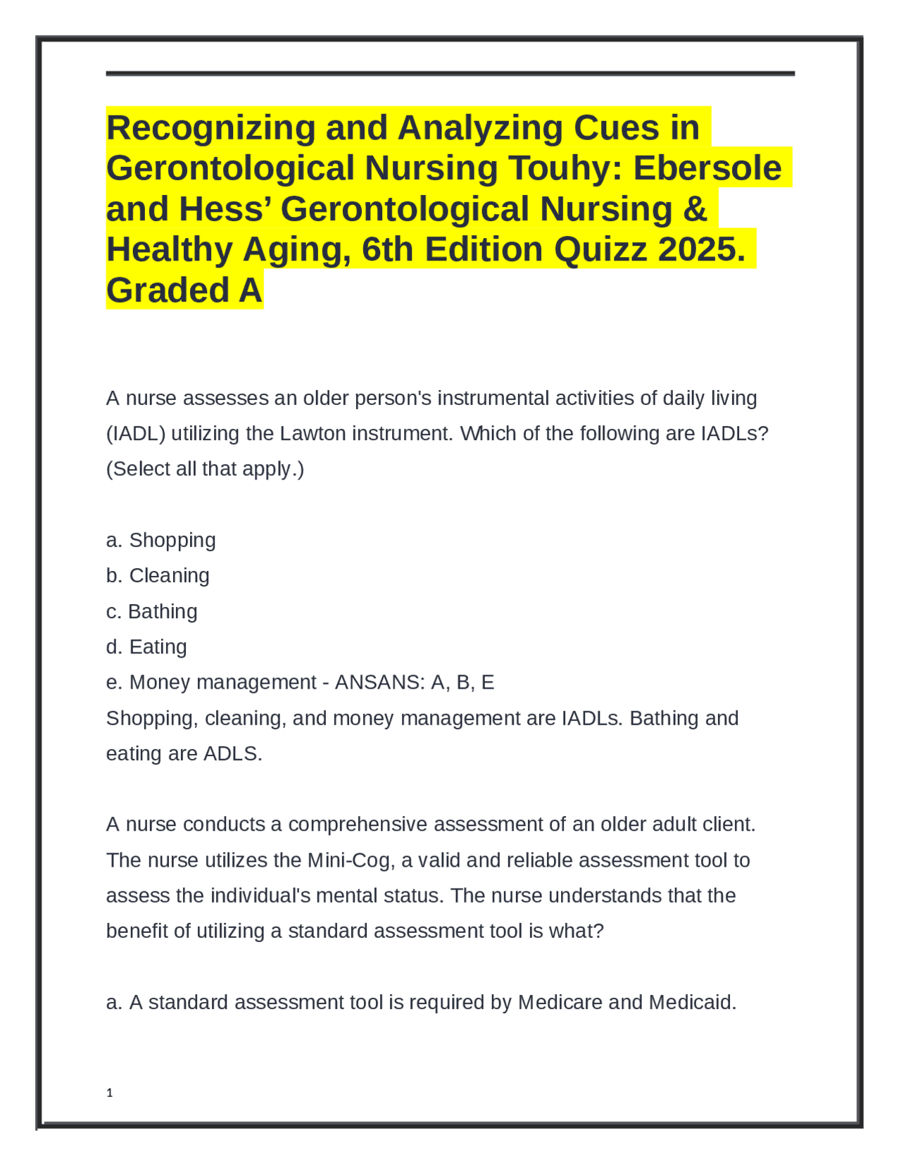 Gerontological Nursing Quiz: Assessing Older Adults | Exams Nursing ...