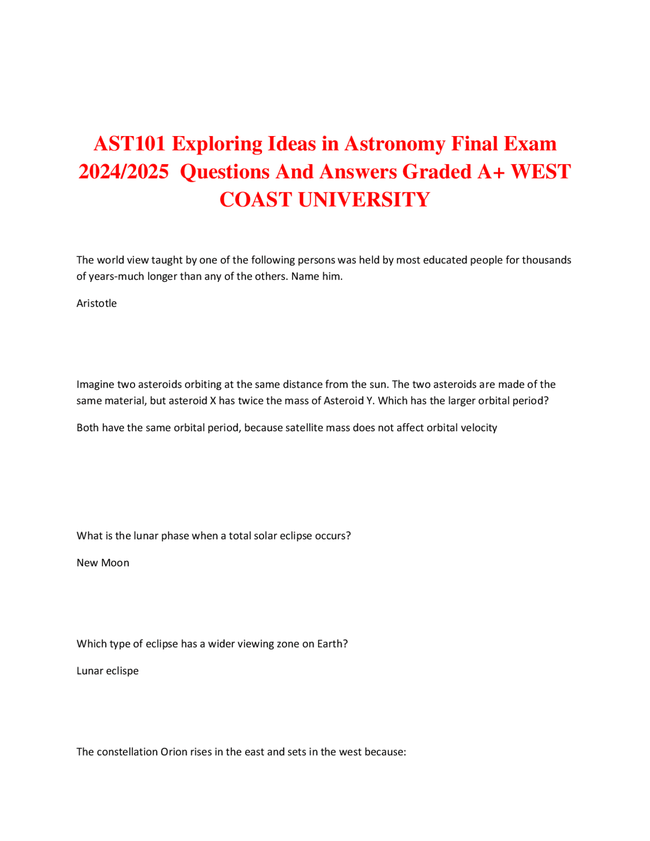 AST101 Exploring Ideas in Astronomy Final Exam 2024/2025 Questions And Answers Graded A+ | Exams ...
