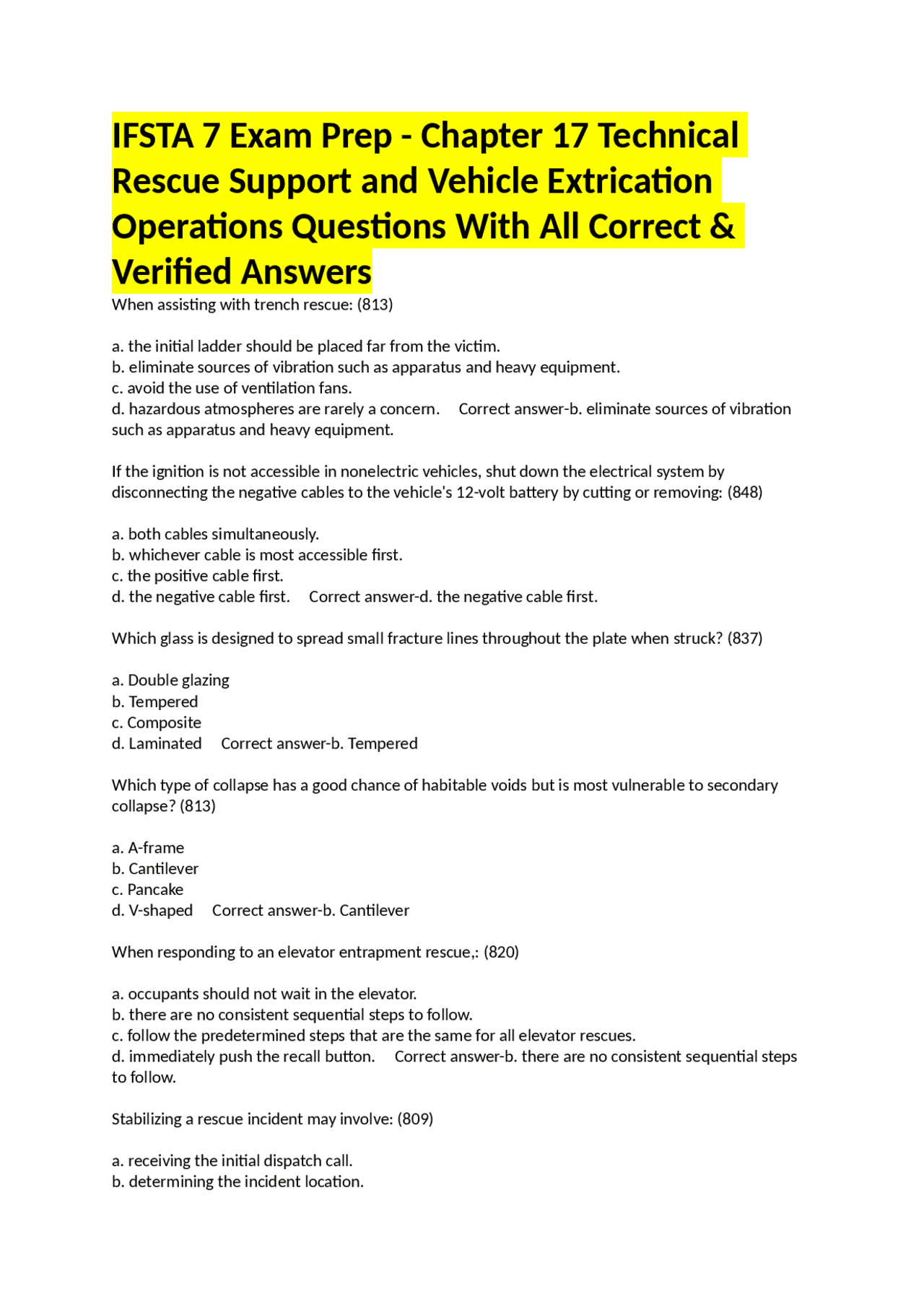 IFSTA 7 Exam Prep - Chapter 17 Technical Rescue Support and Vehicle Extrication Operations ...