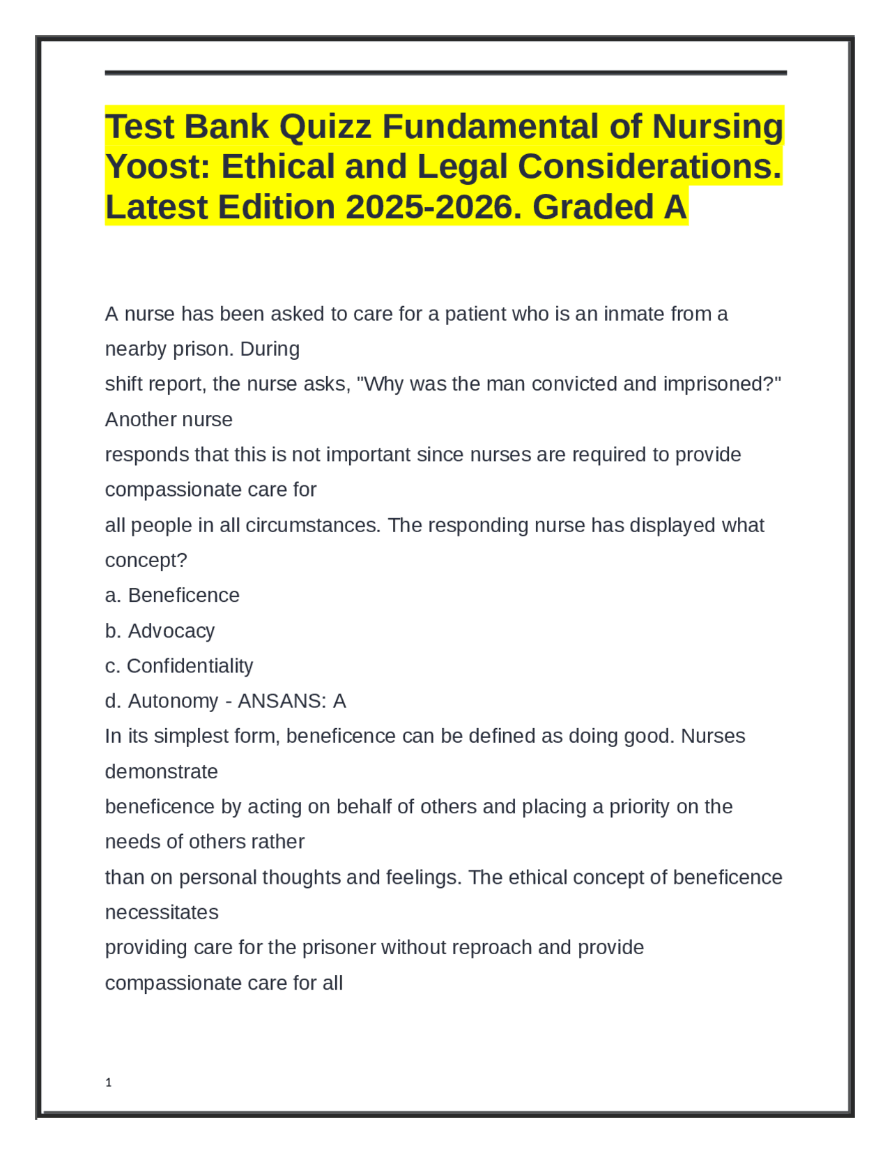 Test Bank Quizz Fundamental of Nursing Yoost: Ethical and Legal ...