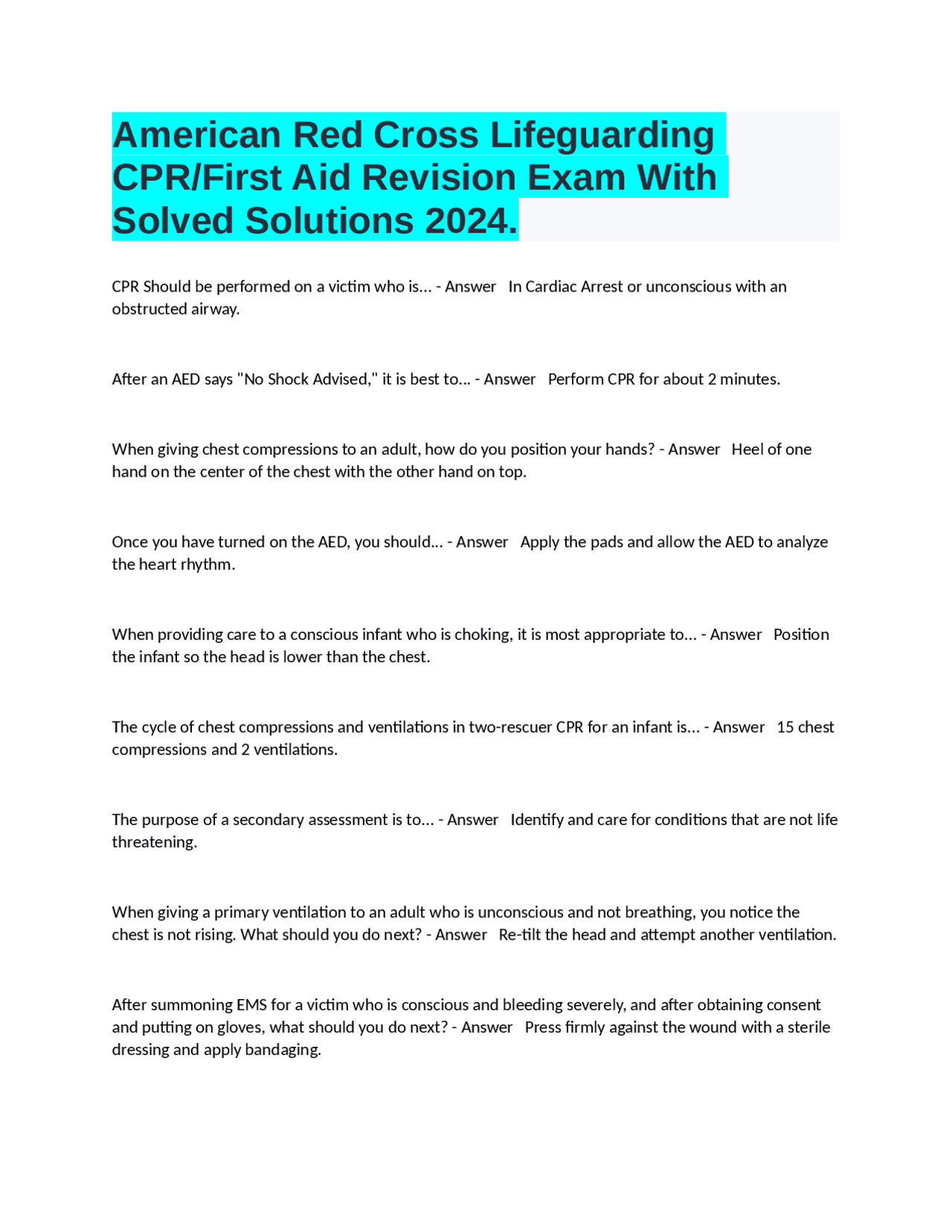 American Red Cross Lifeguarding CPR/First Aid Revision Exam With Solved ...
