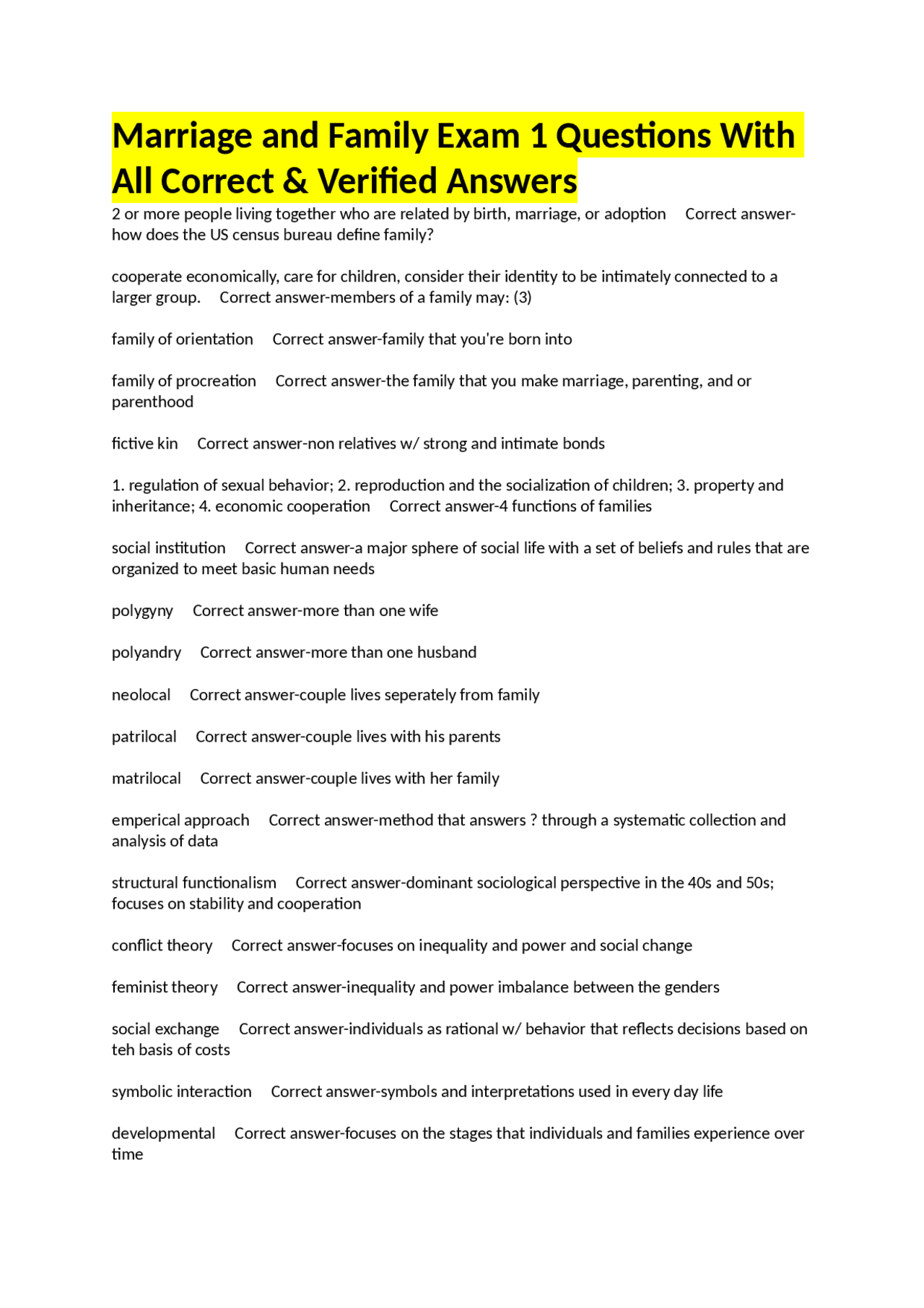 Marriage and Family Exam 1 Questions With All Correct & Verified ...
