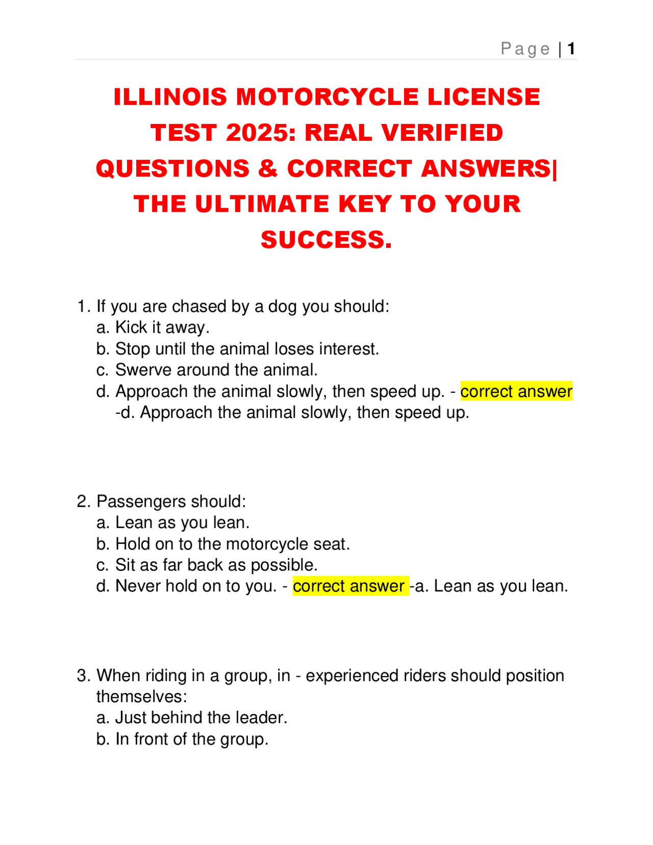 ILLINOIS MOTORCYCLE LICENSE TEST 2025: REAL VERIFIED QUESTIONS ...