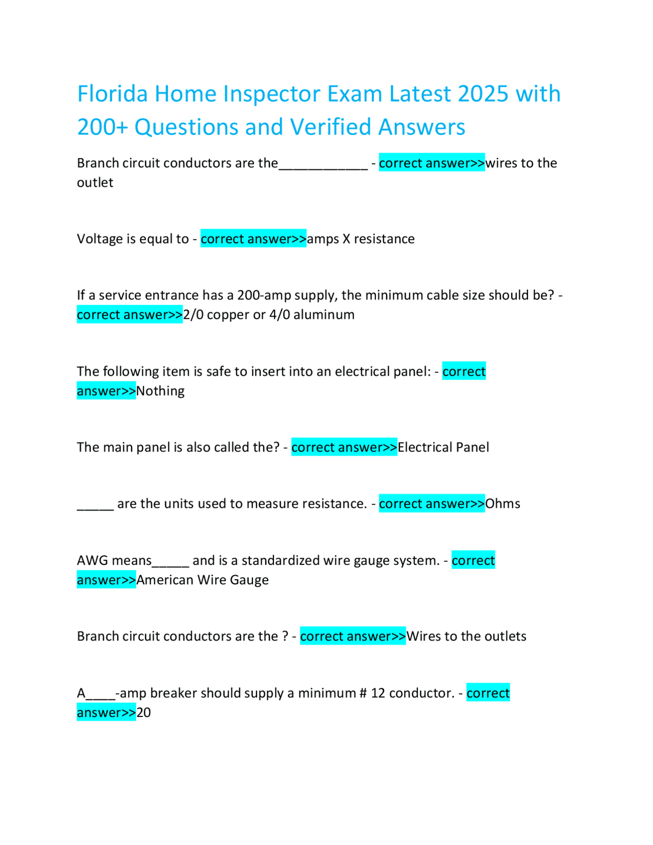 Florida Home Inspector Exam Latest 2025 with 200+ Questions and ...