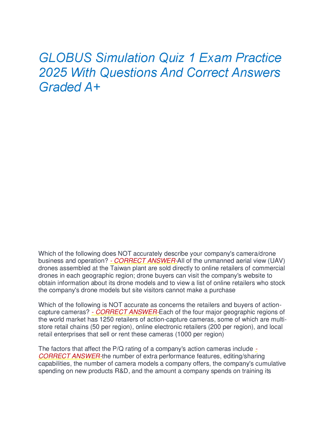 GLOBUS Simulation Quiz 1 Exam Practice 2025 With Questions And Correct ...