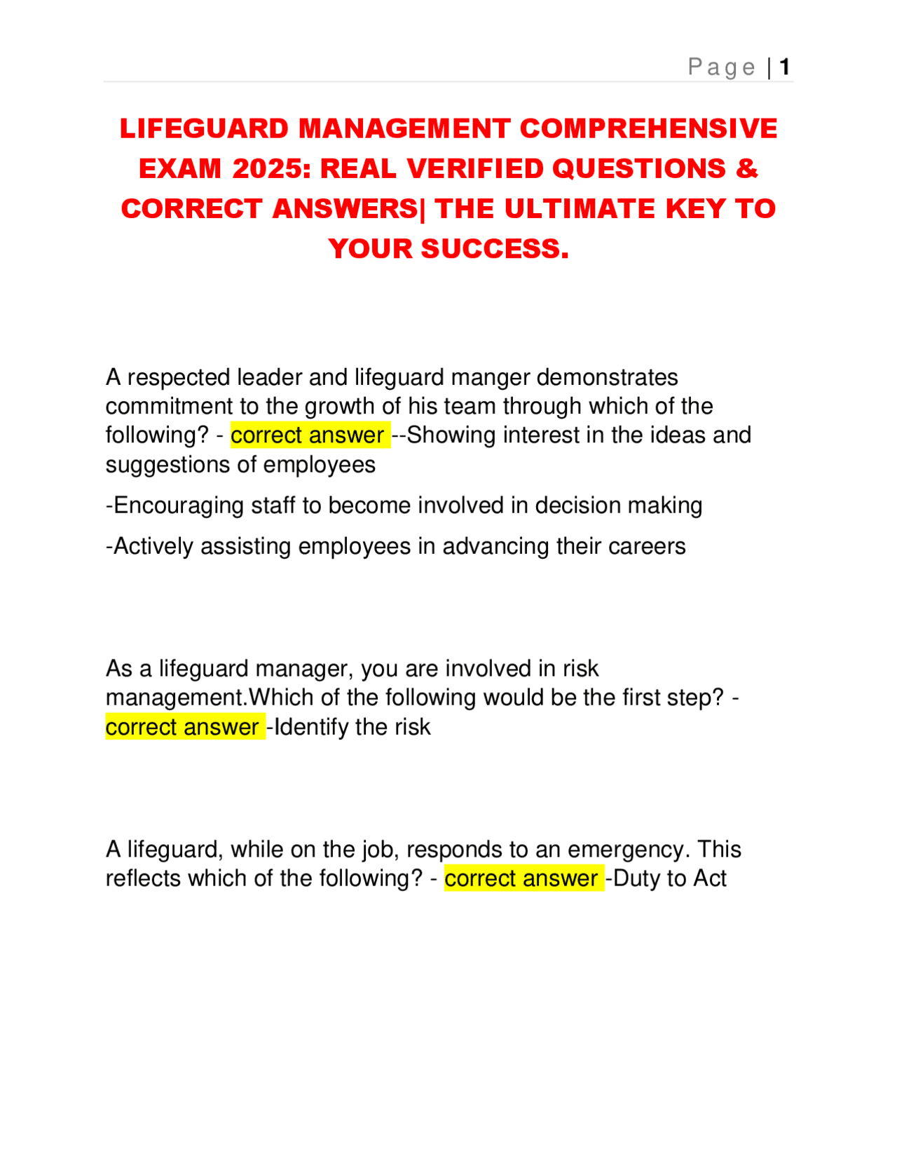 LIFEGUARD MANAGEMENT COMPREHENSIVE EXAM 2025: REAL VERIFIED QUESTIONS ...