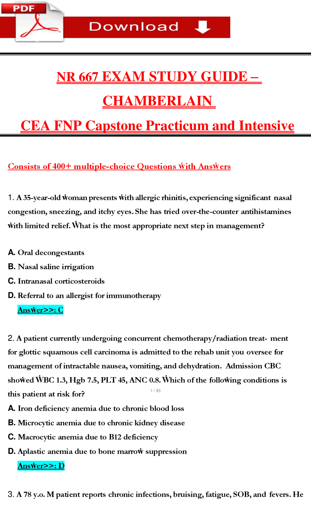 NR 667 EXAM STUDY GUIDE – CHAMBERLAIN CEA FNP Capstone Practicum and ...