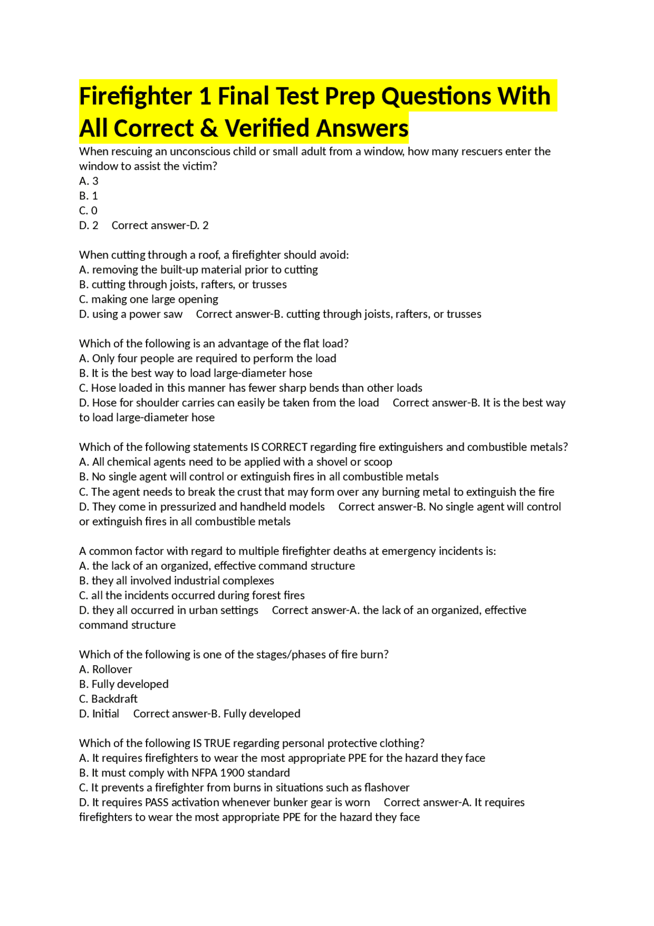 Firefighter 1 Final Test Prep: Questions and Answers | Exams Safety and ...