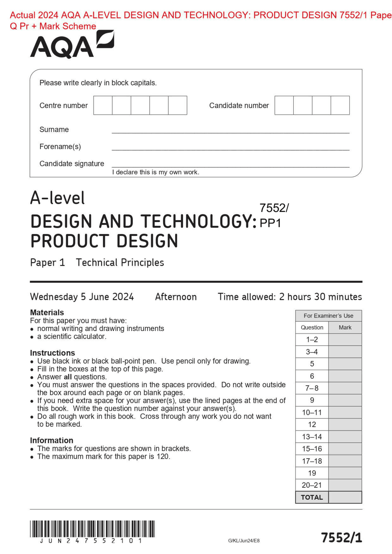 Actual 2024 AQA A-LEVEL DESIGN AND TECHNOLOGY: PRODUCT DESIGN 7552/1 ...