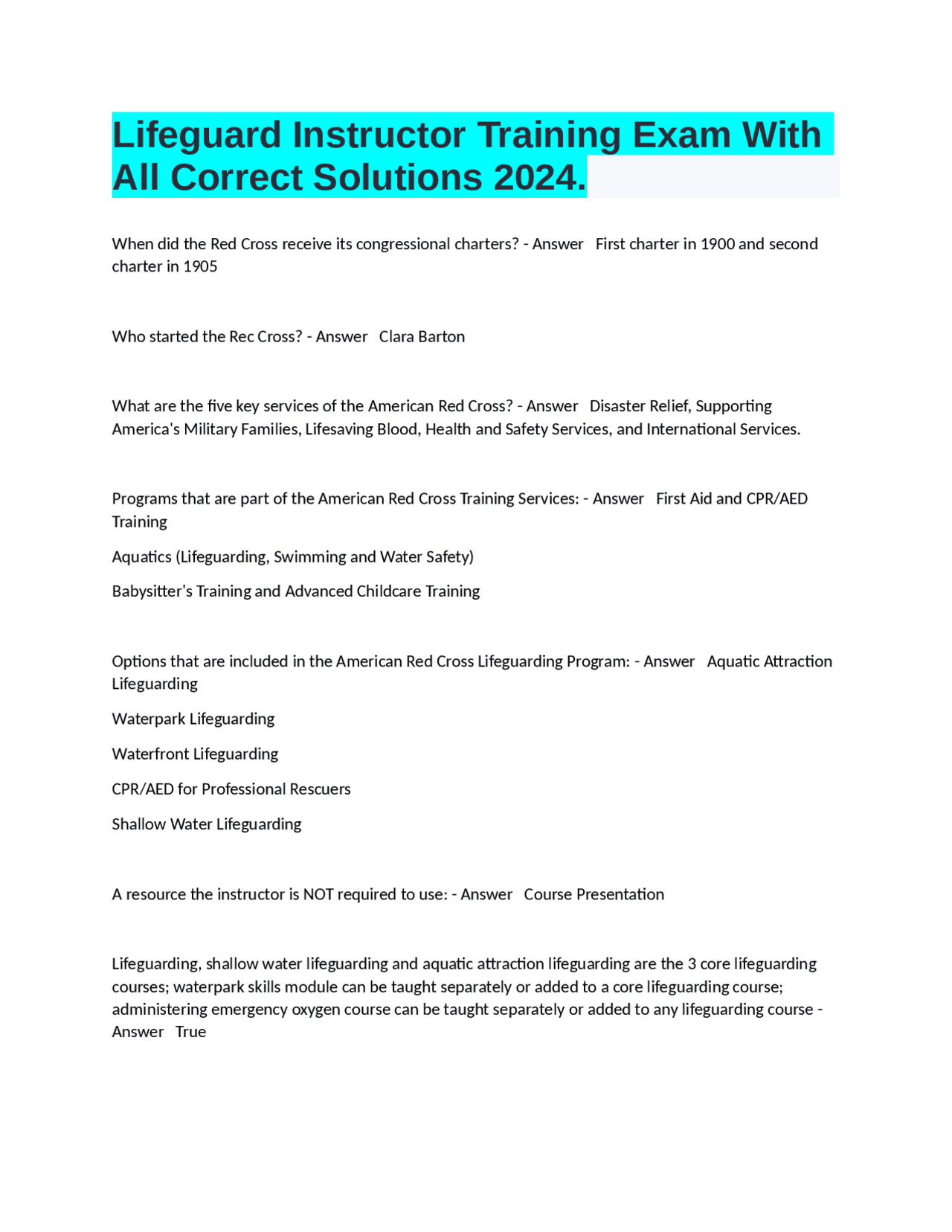 Lifeguard Instructor Training Exam With All Correct Solutions | Exams ...