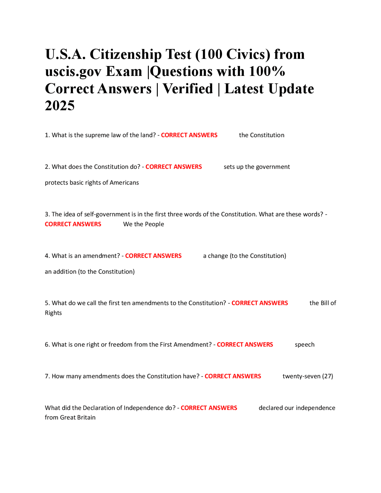 U.S.A. Citizenship Test (100 Civics) from uscis.gov Exam |Questions ...