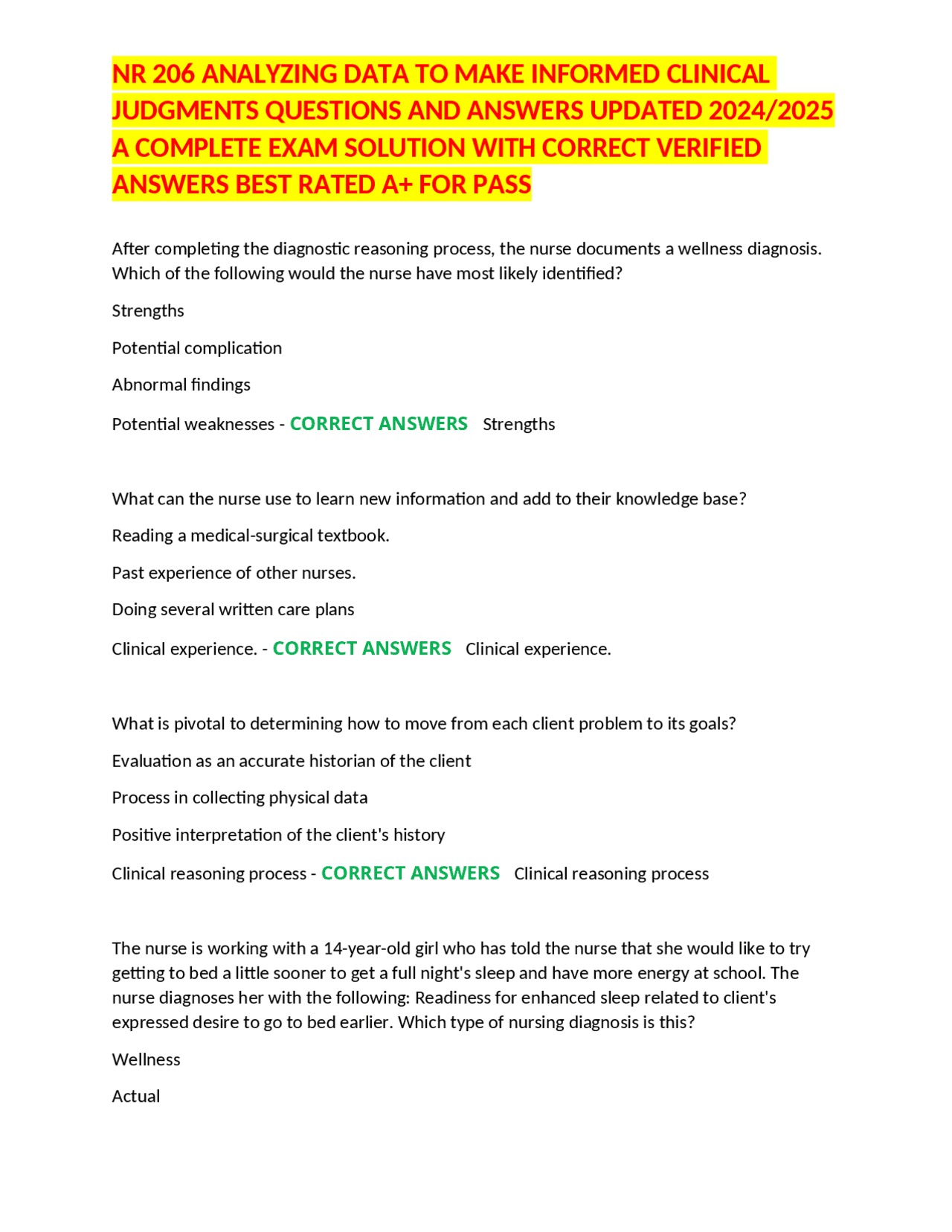NR 206 ANALYZING DATA TO MAKE INFORMED CLINICAL JUDGMENTS QUESTIONS AND ...