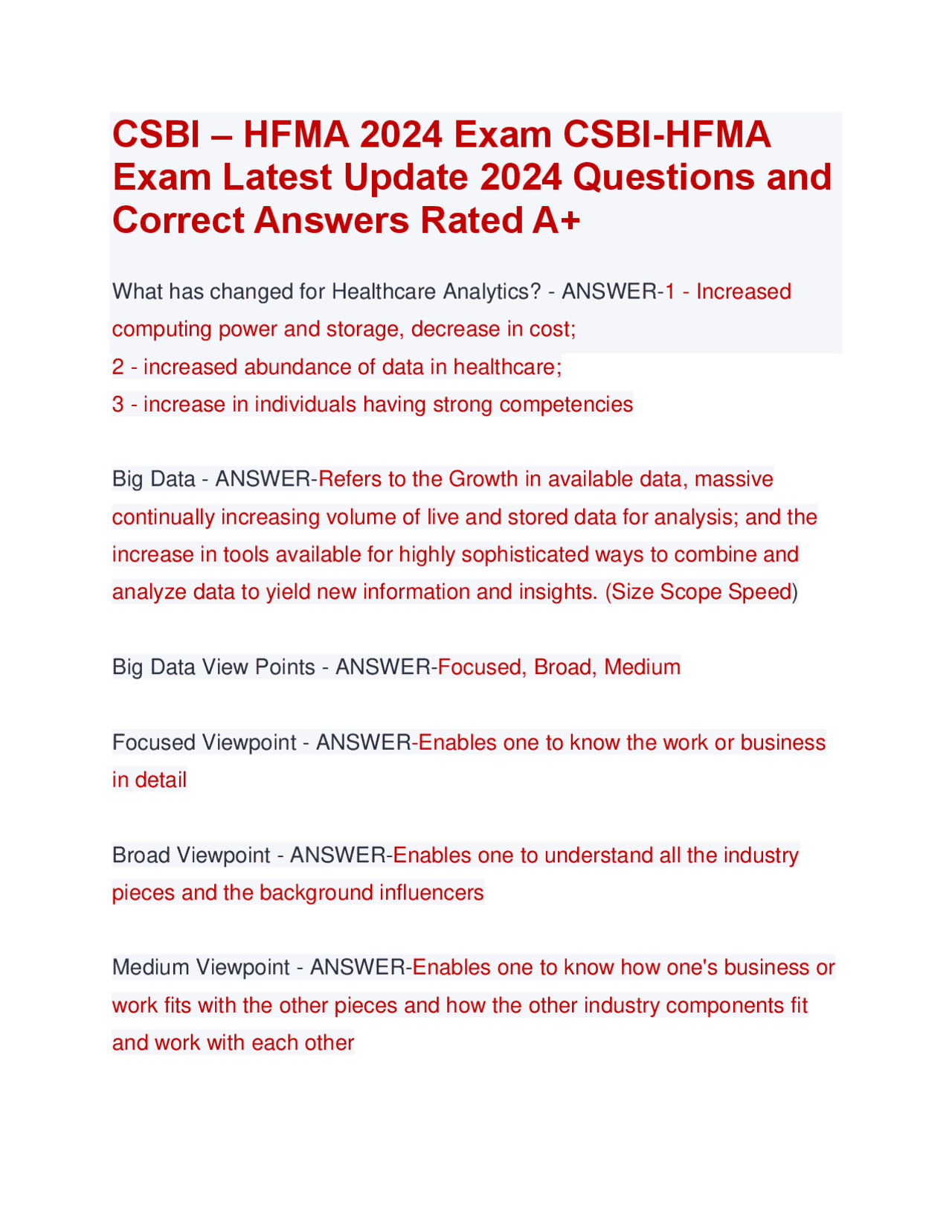CSBI – HFMA 2024 Exam CSBI-HFMA Exam Latest Update 2024 Questions and ...