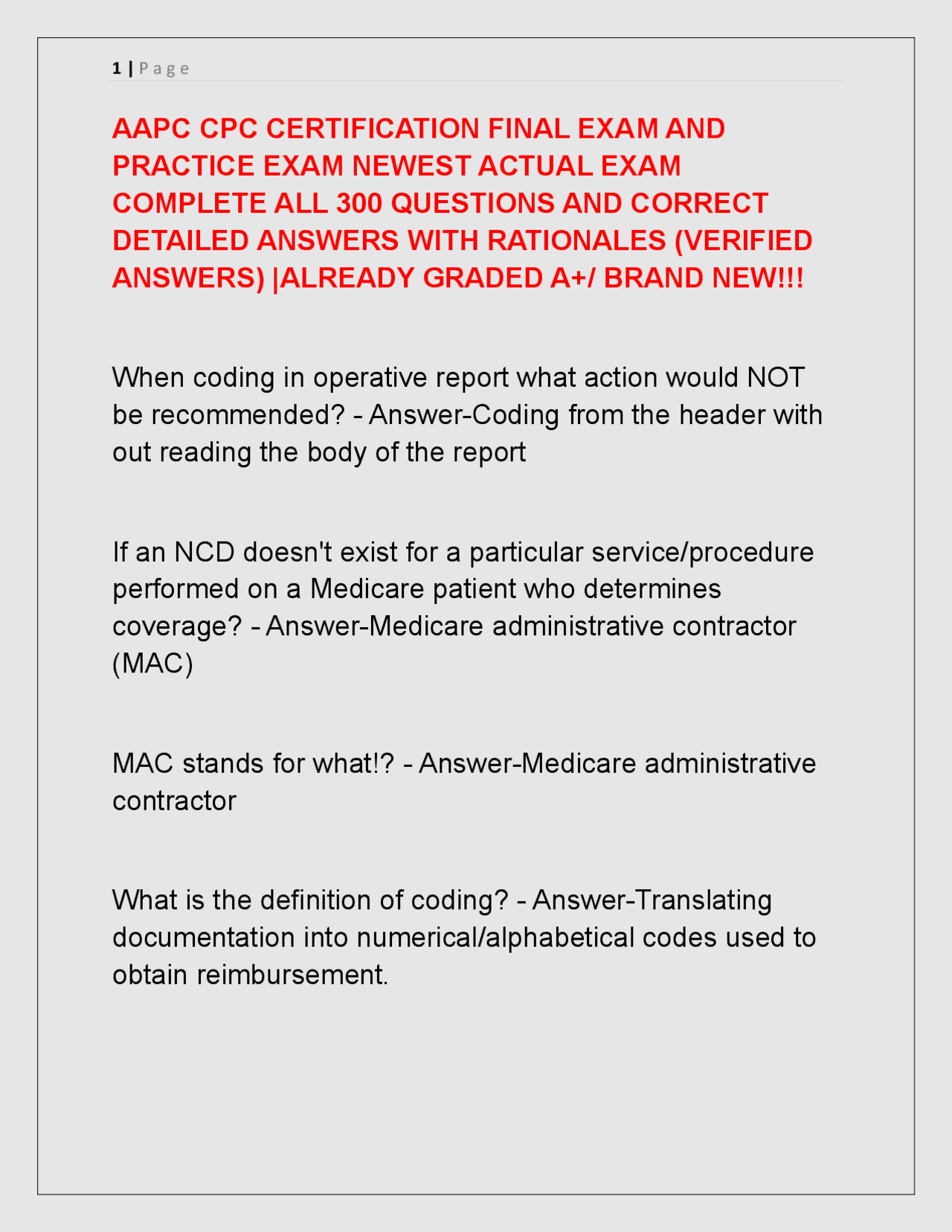 AAPC CPC CERTIFICATION FINAL EXAM AND PRACTICE EXAM NEWEST ACTUAL EXAM COMPLETE | Exams Nursing ...
