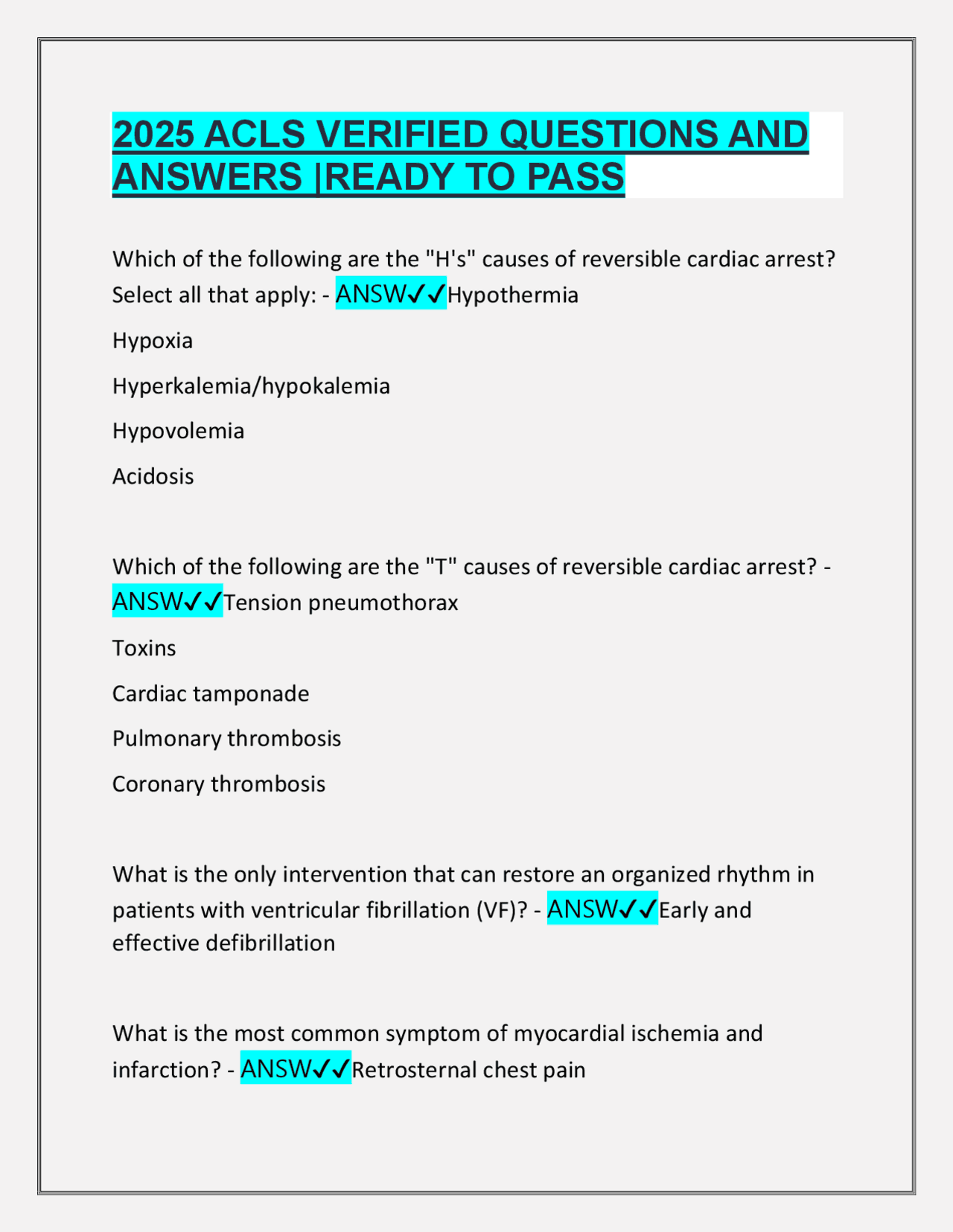 2025 ACLS VERIFIED QUESTIONS AND ANSWERS |READY TO PASS | Exams Nursing ...